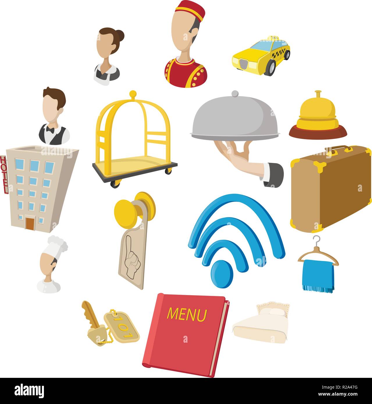 Hotel cartoon style icons set. Service symbols on a white background ...