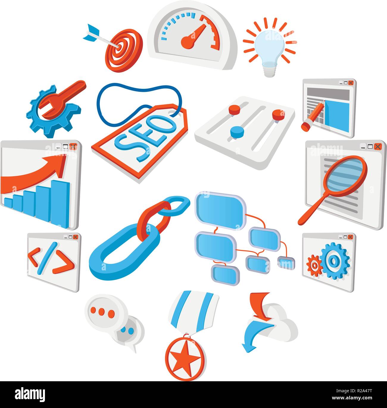 Seo 16 cartoon icons set. Blue and orange symbols on a white background ...