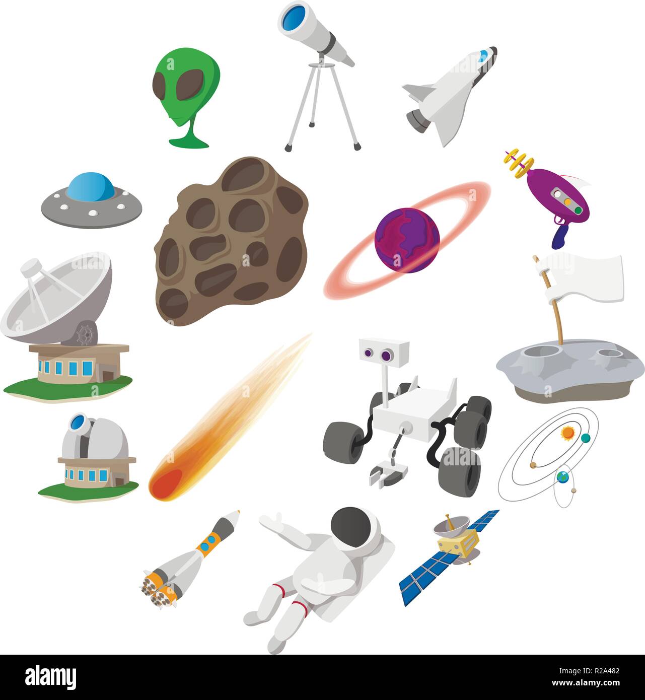 Space cartoon illustrations set. 16 symbols on a white background Stock ...