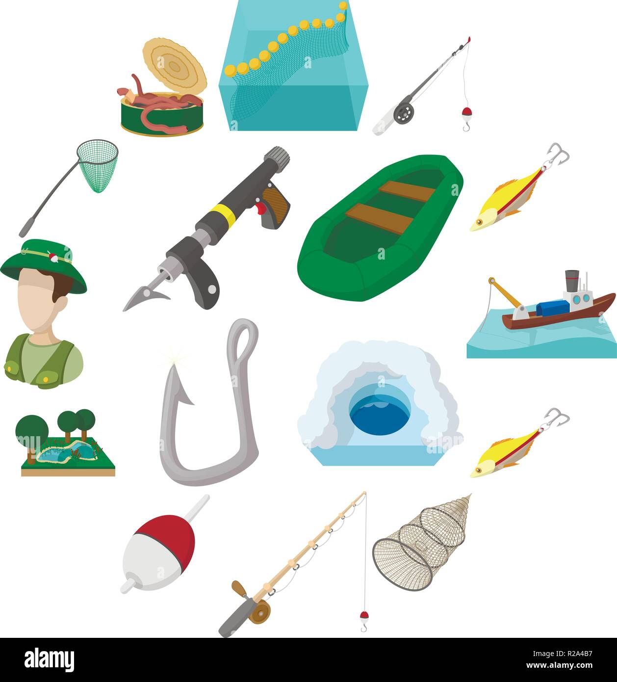 Fishing cartoon icons set isolated on white background Stock Vector ...