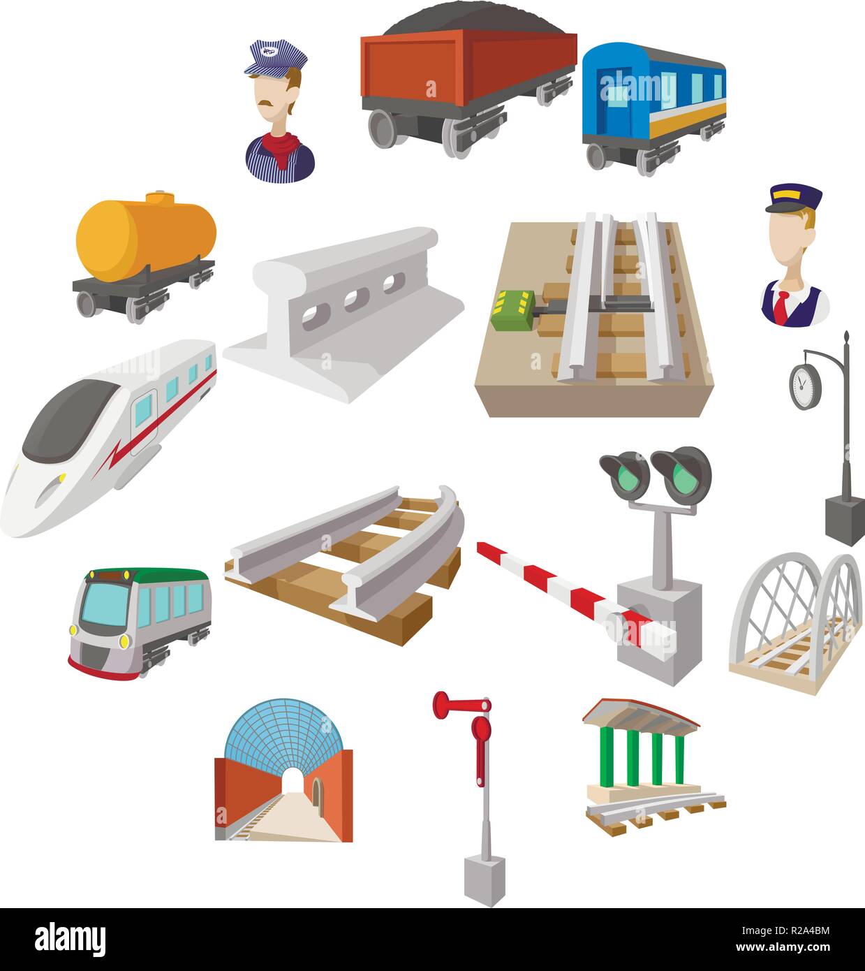 Railroad cartoon icons set isolated on white background Stock Vector ...