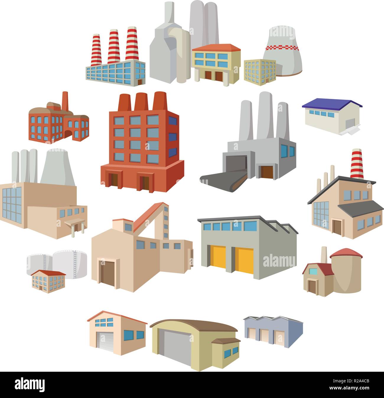 Industrial building factory and power plants cartoon icons set Stock ...