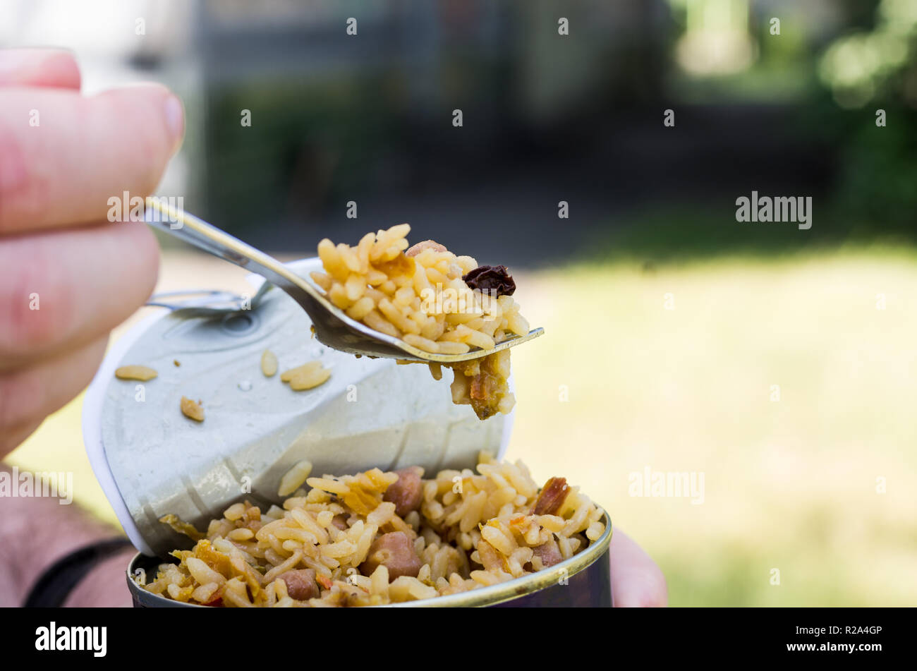 Testing cooked food. Fork in hand. To eat pilau Stock Photo - Alamy