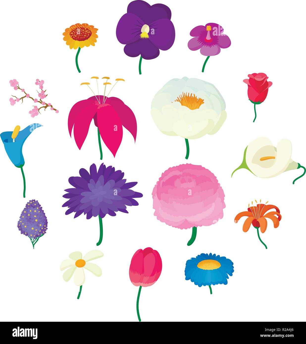 Flower icons set in cartoon style isolated on white background Stock ...