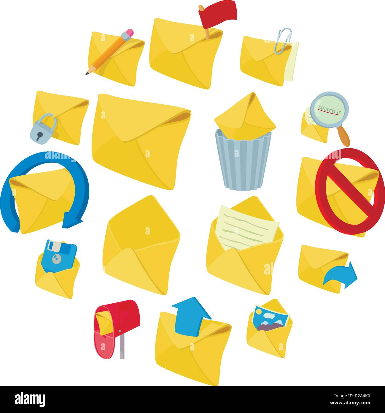 Mail icons set in cartoon style on a white background Stock Vector ...