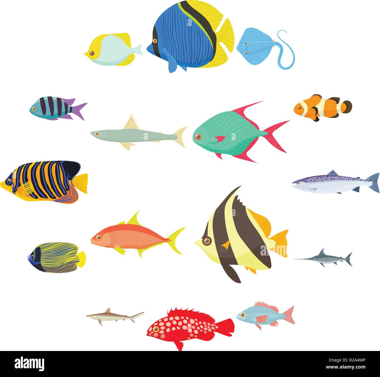 Fish icons set in cartoon style isolated on white background Stock ...