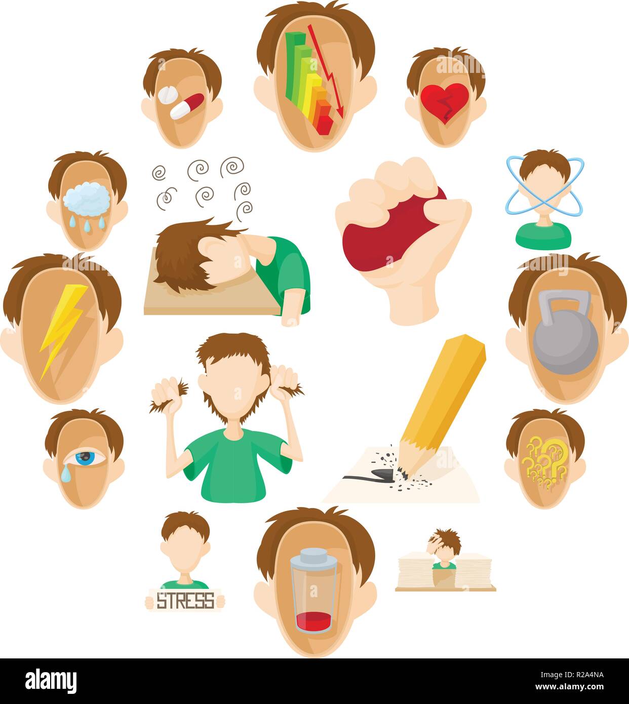 Stress icons set in cartoon style on a white background Stock Vector ...