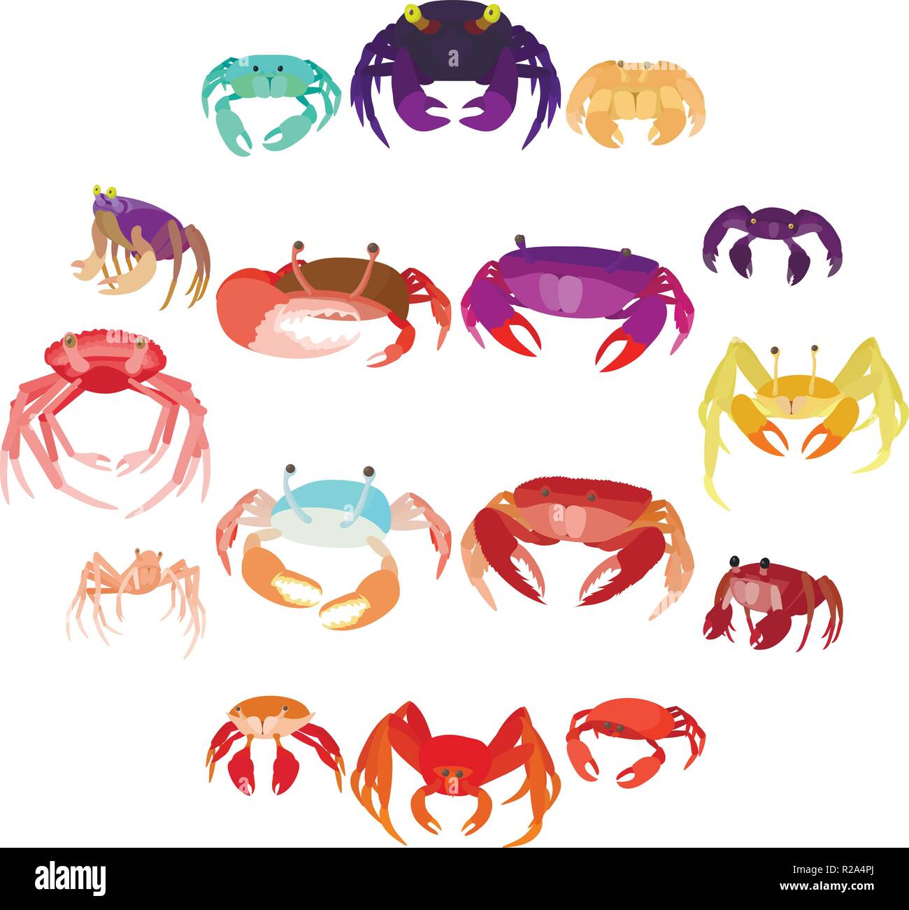 Crab icons set in cartoon style isolated on white background Stock ...