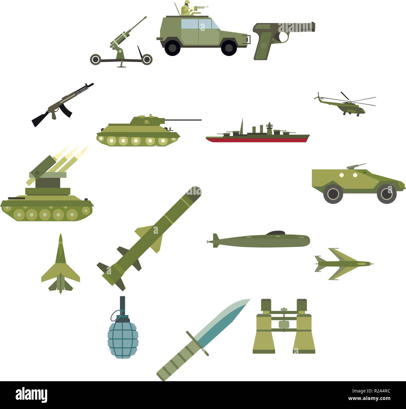 16 weapon flat icons set. Color illustrations with military truck ...