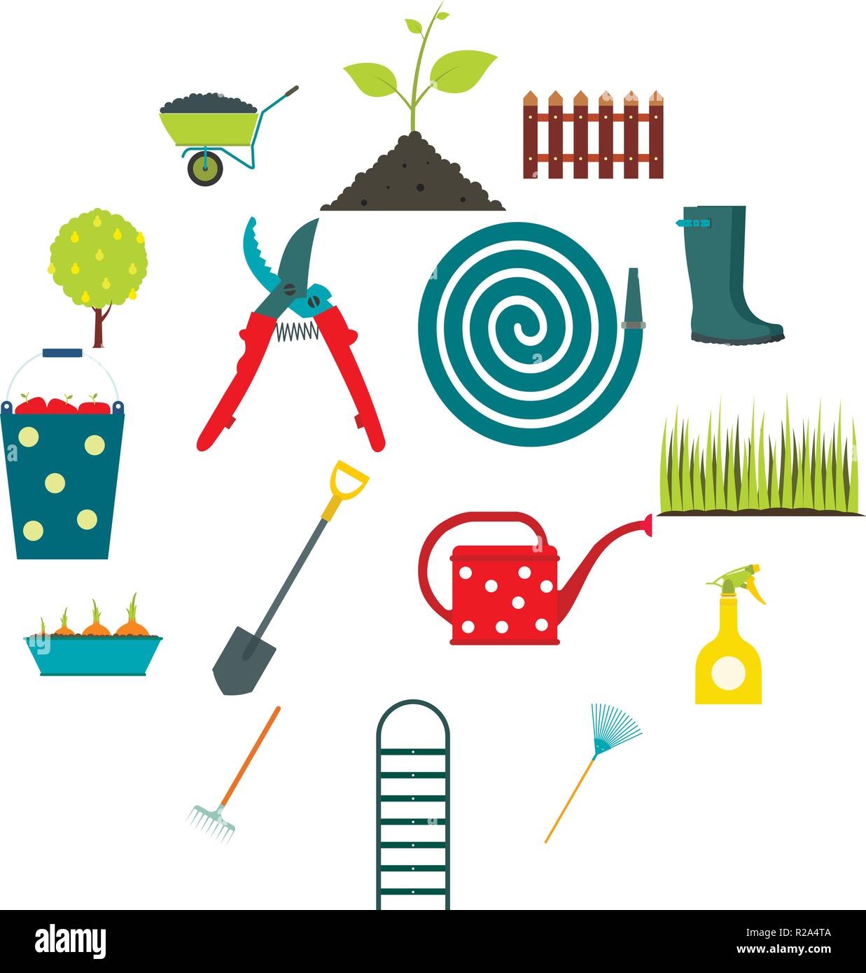 16 garden flat icons set. Color symbols with grass, watertights ...