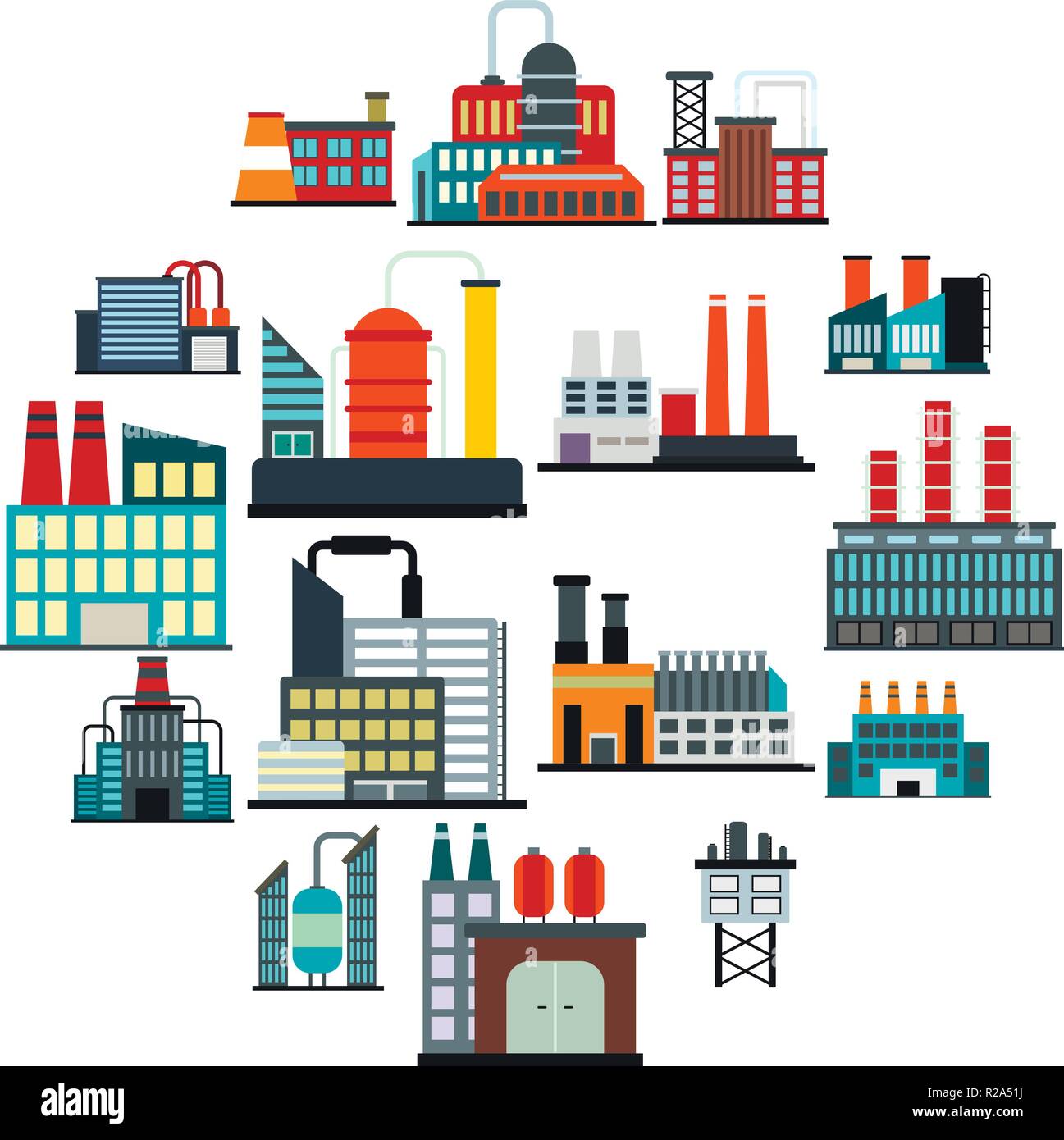Industrial building factory flat icons set isolated on white background ...