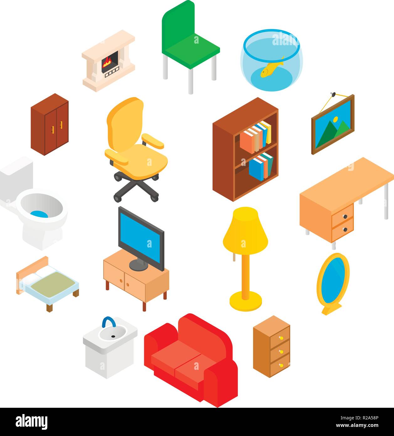 Furniture for living room isometric 3d icons. 16 symbols on a white ...