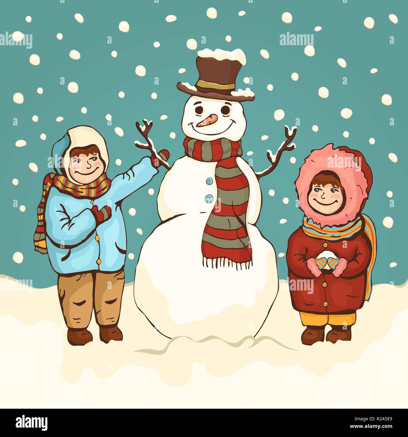 Children make snowman, winter fun, cartoon colorful drawing, vector ...