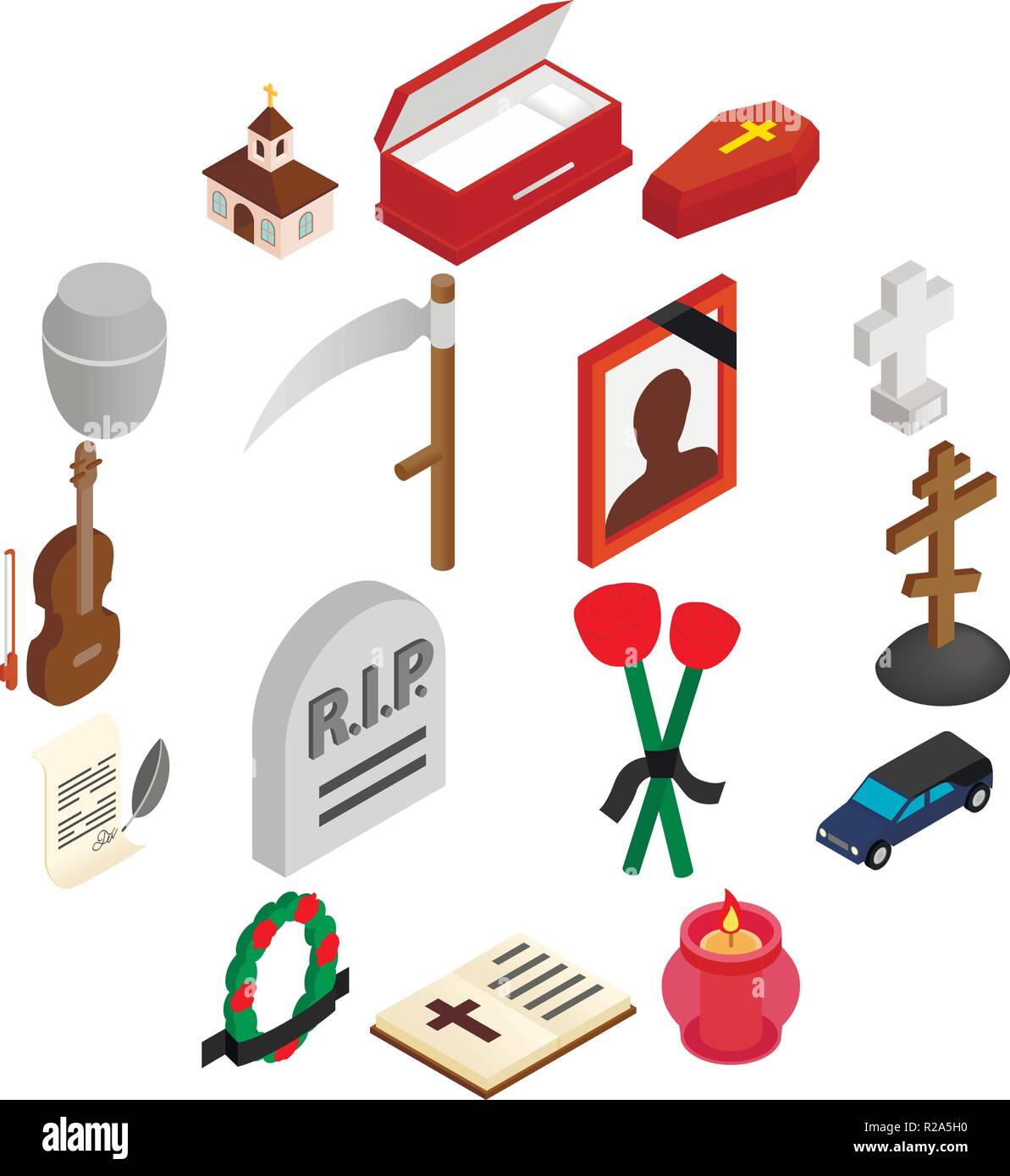 Funeral and burial isometric 3d icons set isolated on white background ...
