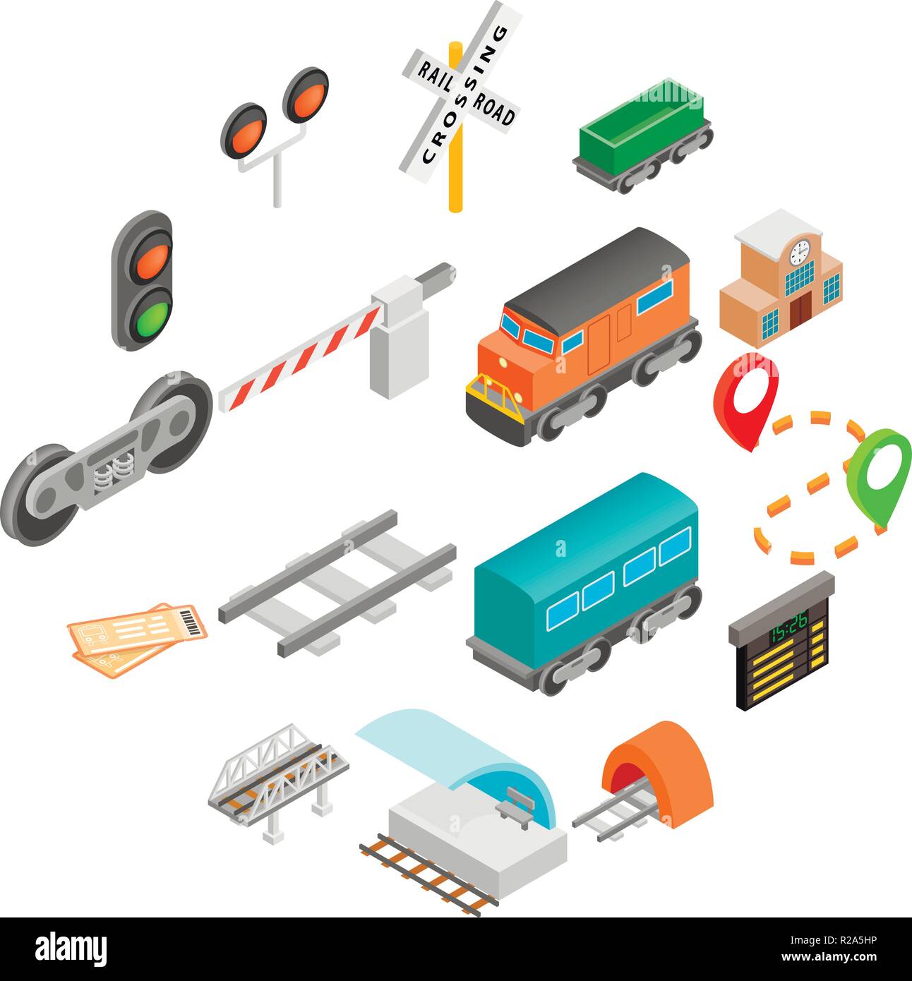 Railroad isometric 3d icons set isolated on white background Stock ...