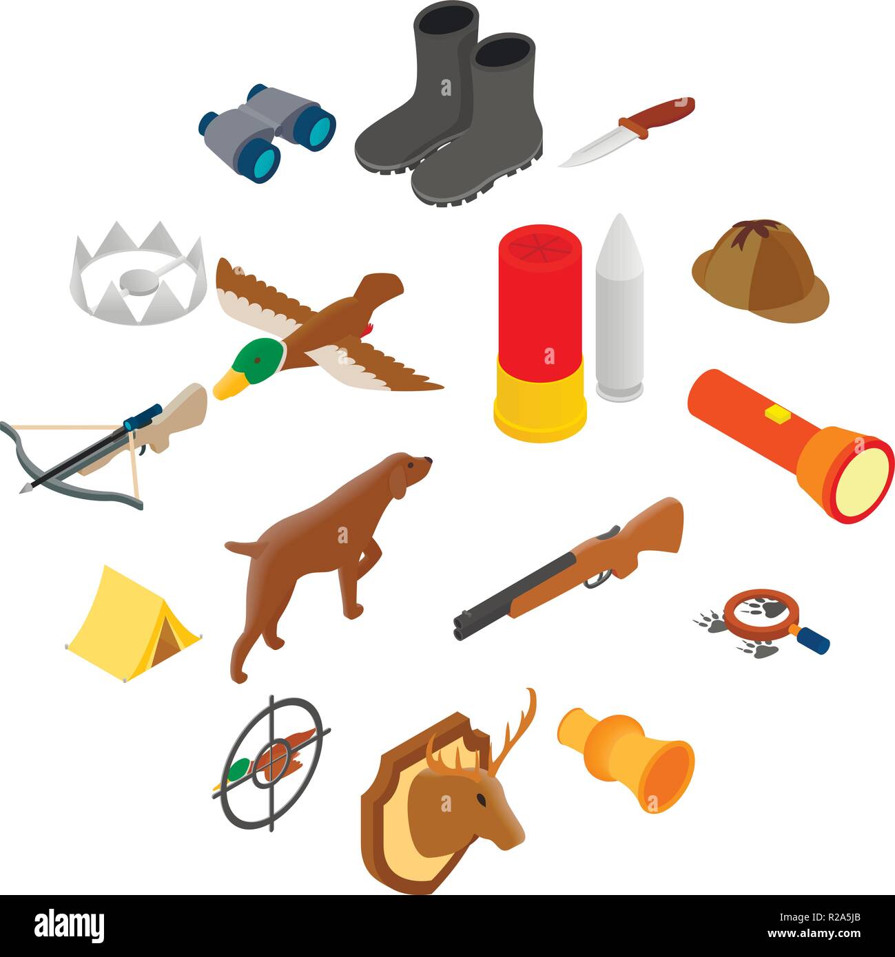 Hunting isometric 3d icons set isolated on white background Stock ...