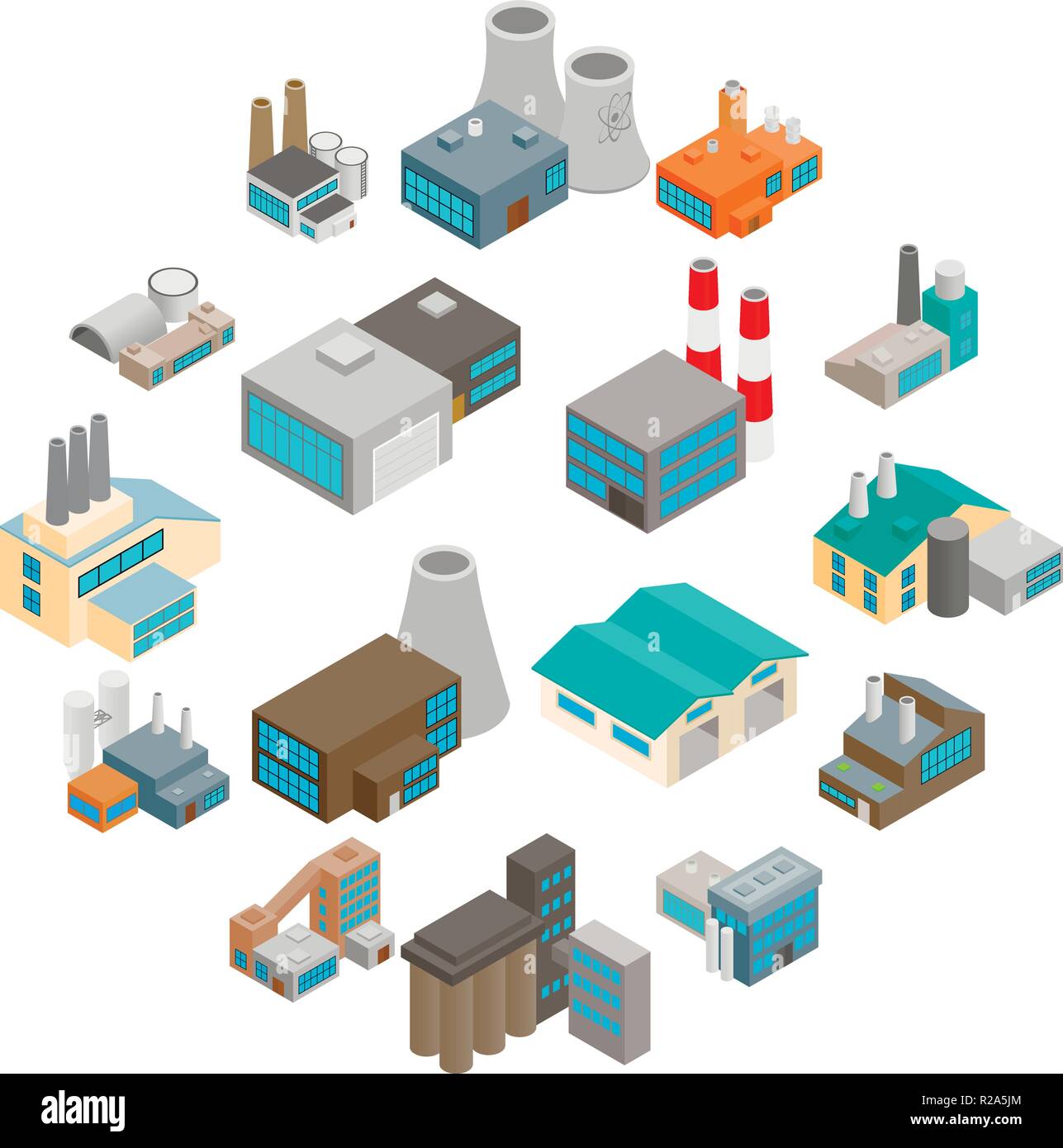 Industrial building factory and power plants isometric 3d icons set ...