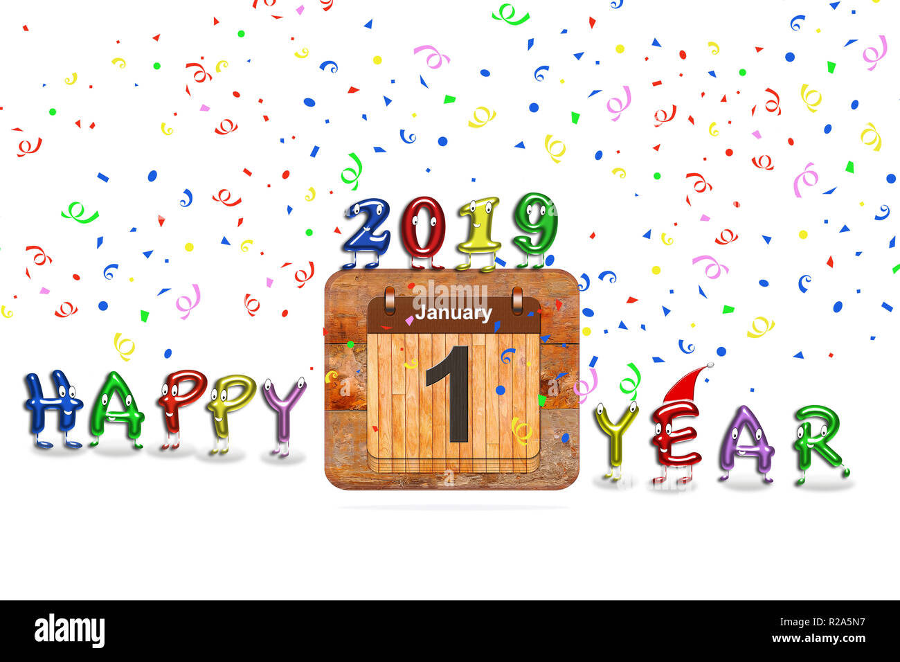 Wooden calendar with first January of 2019 year and colorful text Happy ...