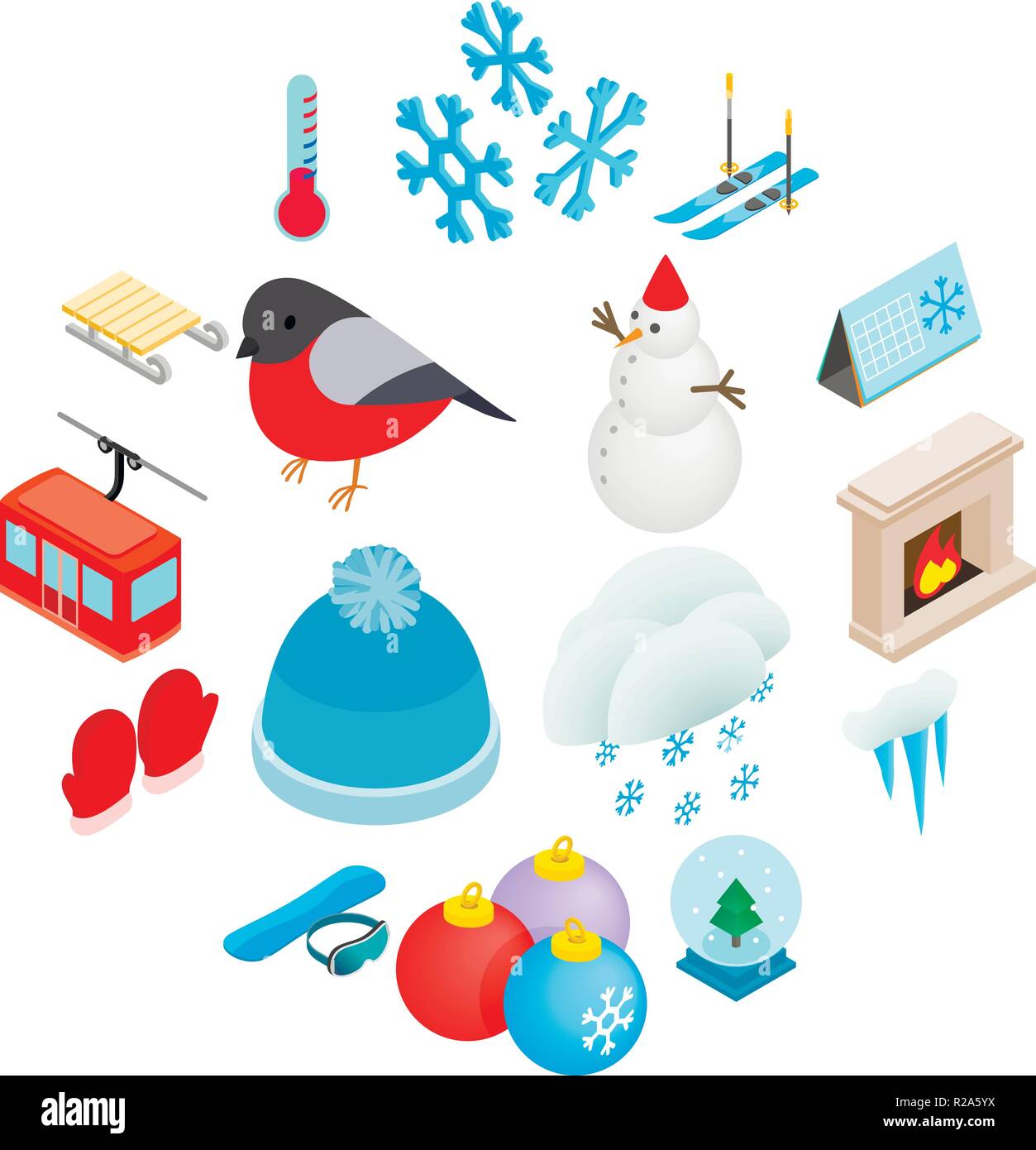 Winter elements icons set in isometric 3d style on a white background ...