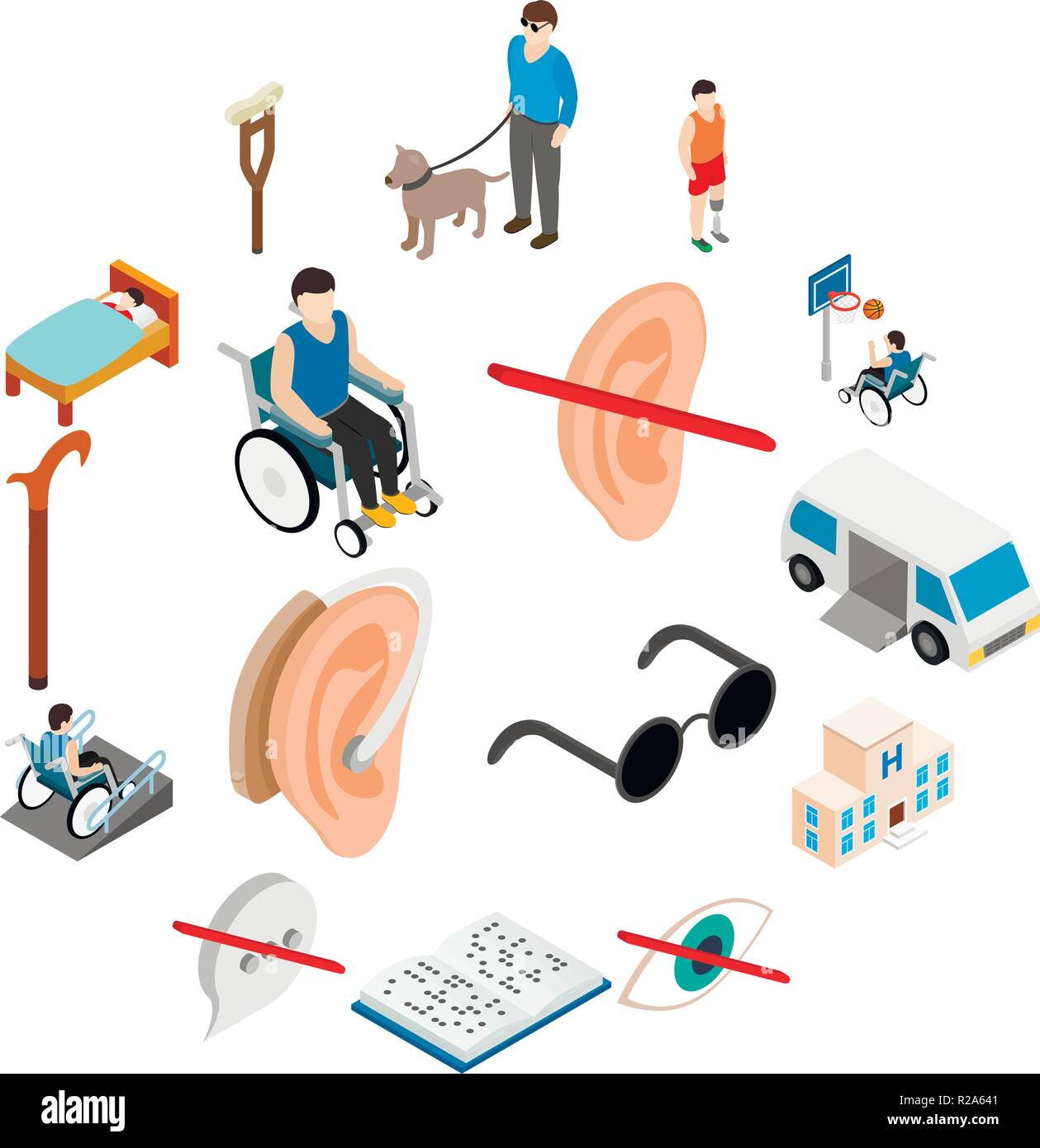 Disabled people care set in isometric 3d style isolated on white ...