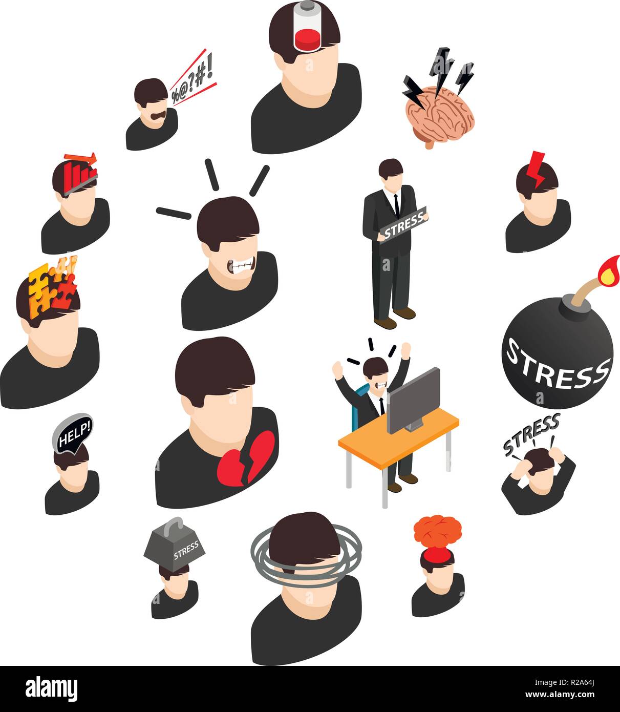 Stress icons in isometric 3d style on a white background Stock Vector ...