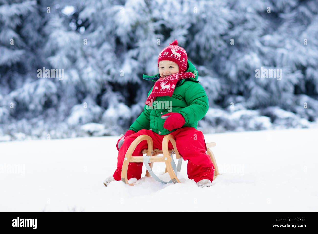 Little boy enjoying a sleigh ride. Child sledding. Toddler kid riding a ...