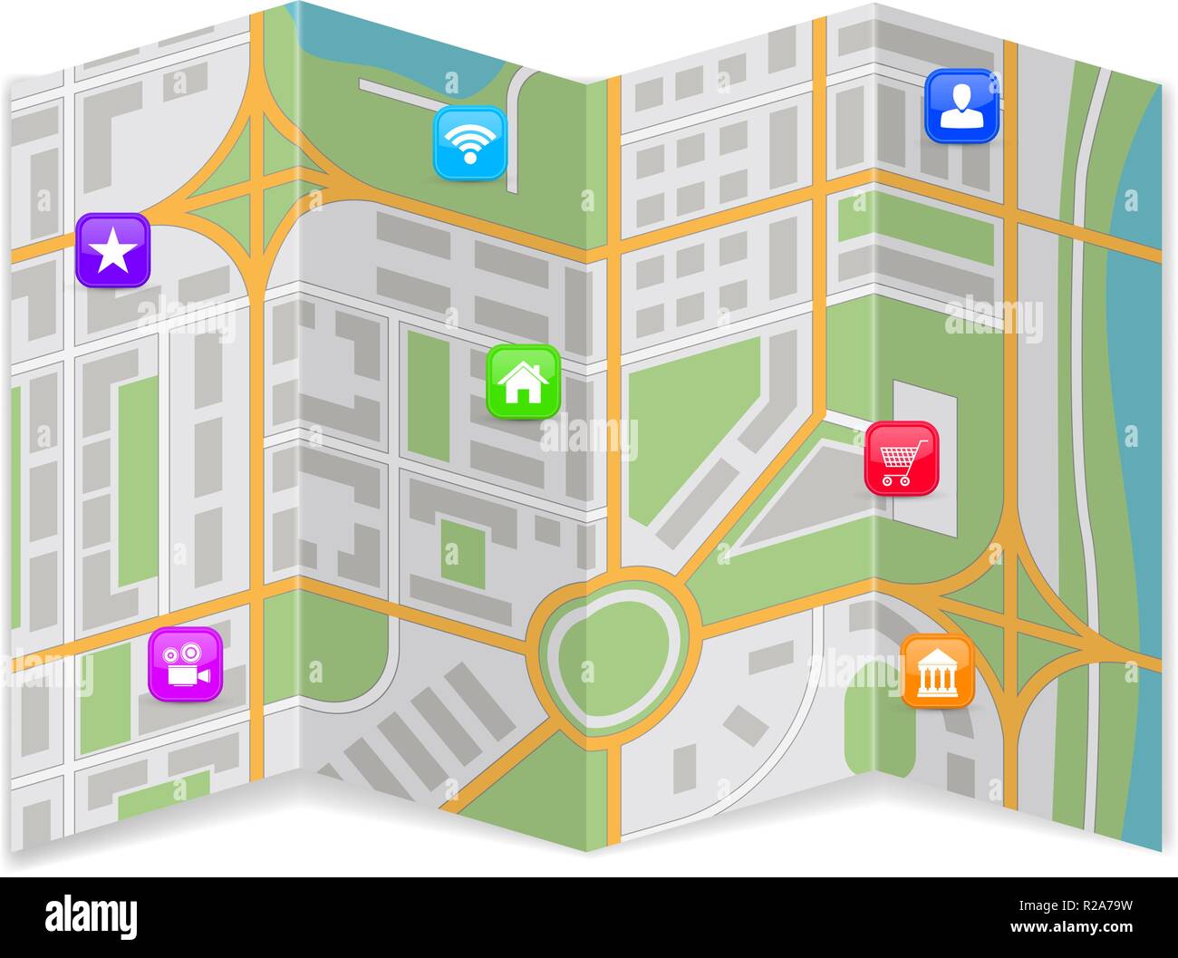 City map with popular location markers. Folded paper Stock Vector Image ...
