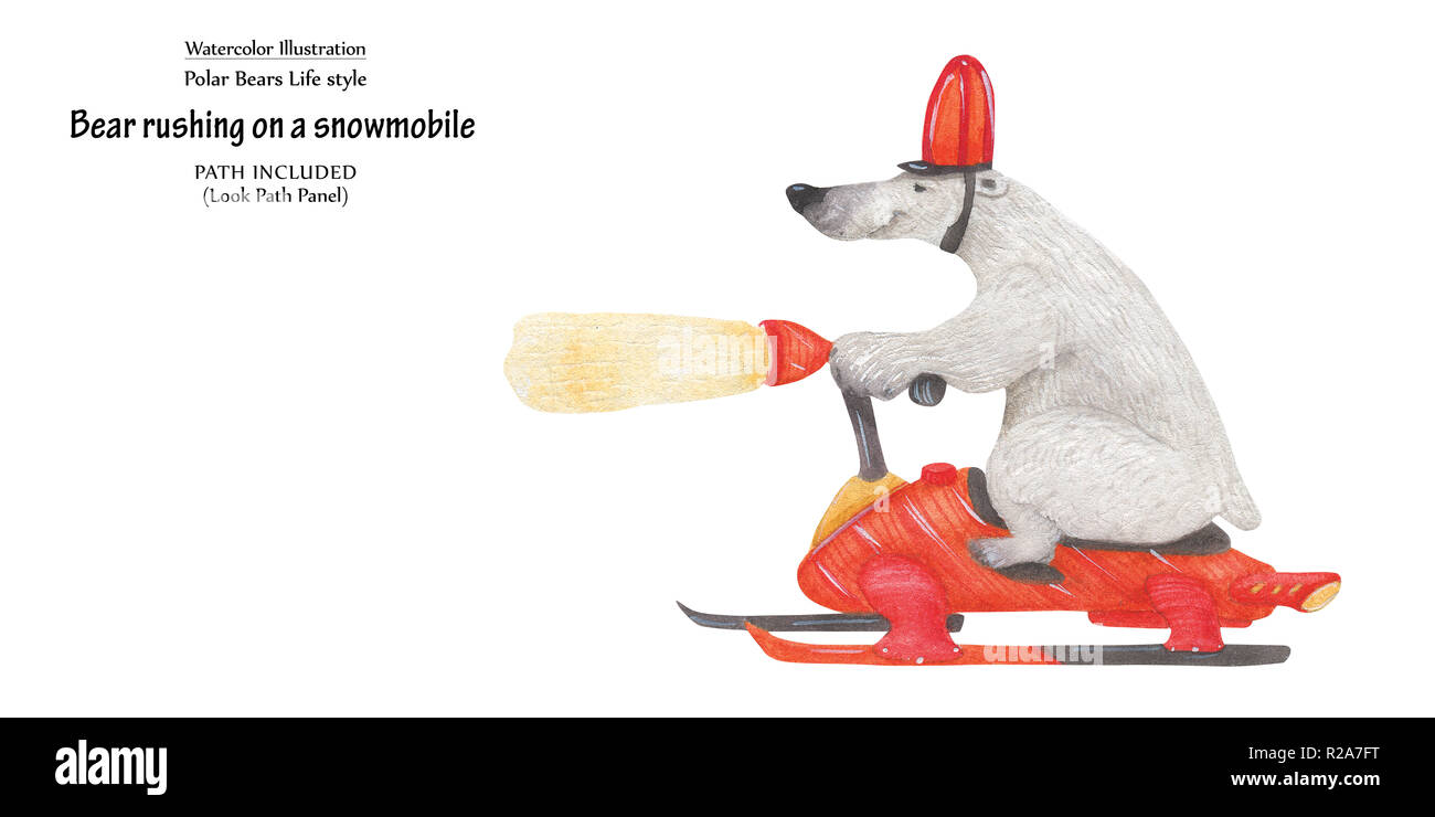 Cute watercolor illustration Bear rushing on a snowmobile. Isolated ...