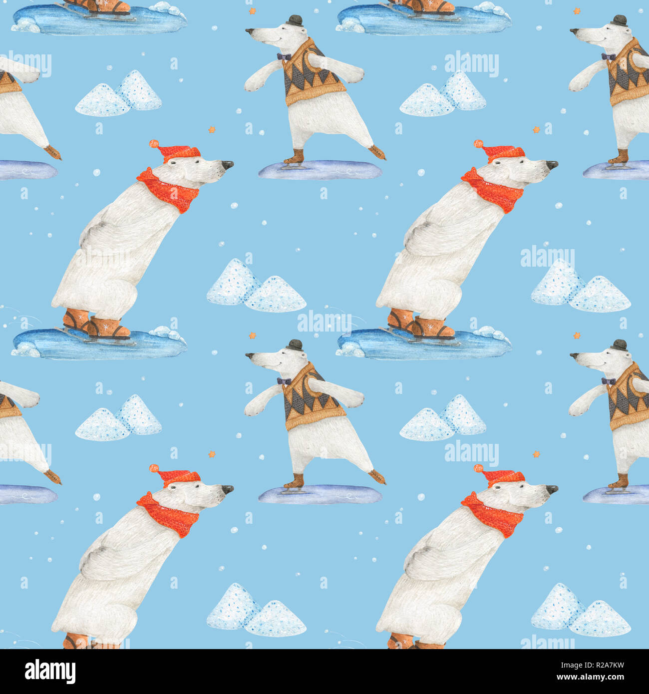 Polar bear winter fun. Arctic bears skate. Watercolor seamless patterns ...
