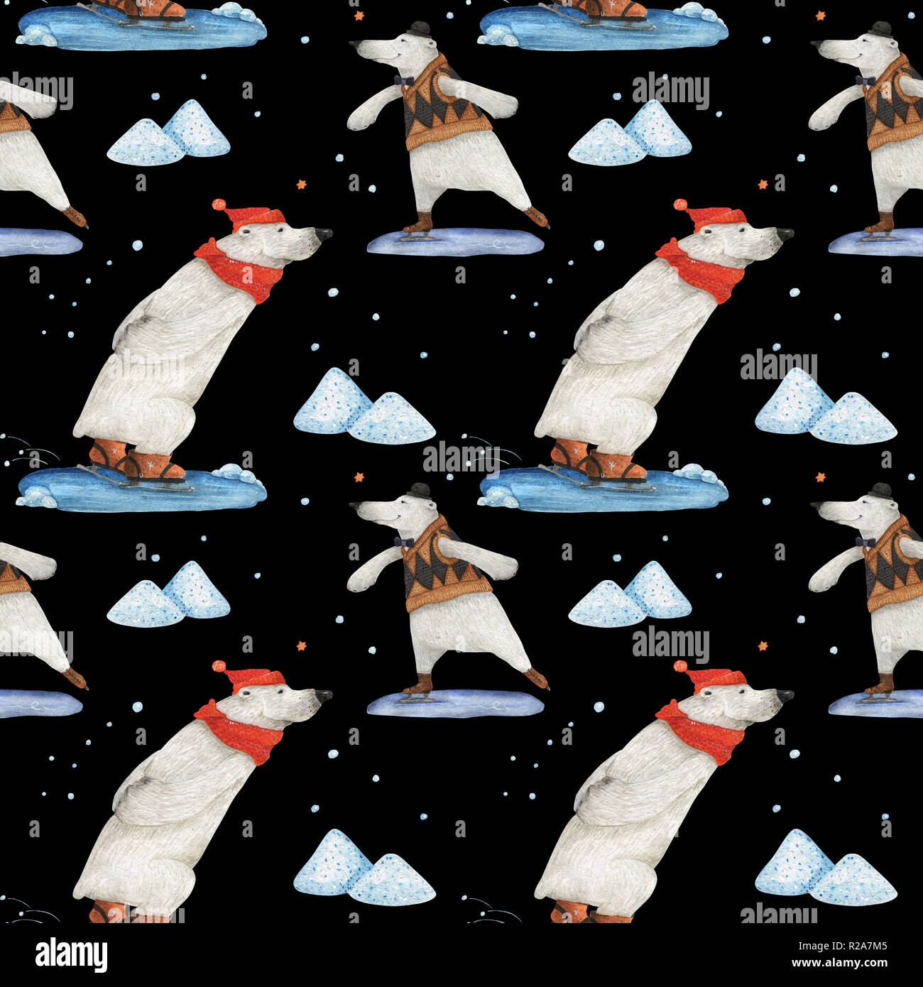 Polar bear winter fun. Arctic bears skate. Watercolor seamless patterns ...