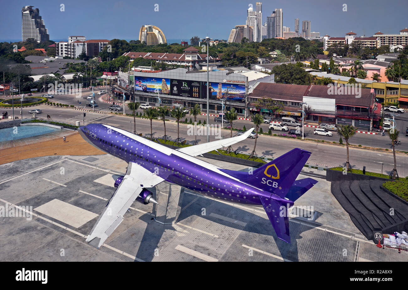 Aerial view of Pattaya City and the forecourt with feature airplane at ...