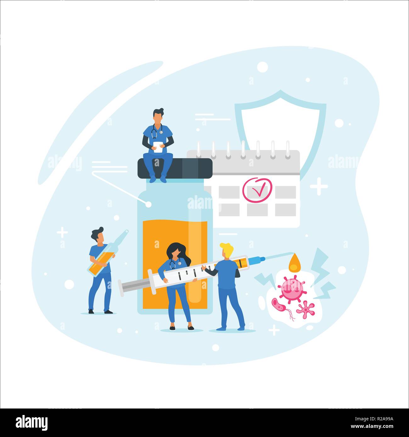 Injection vaccine medicine concept. Doctor standing around and holding ...