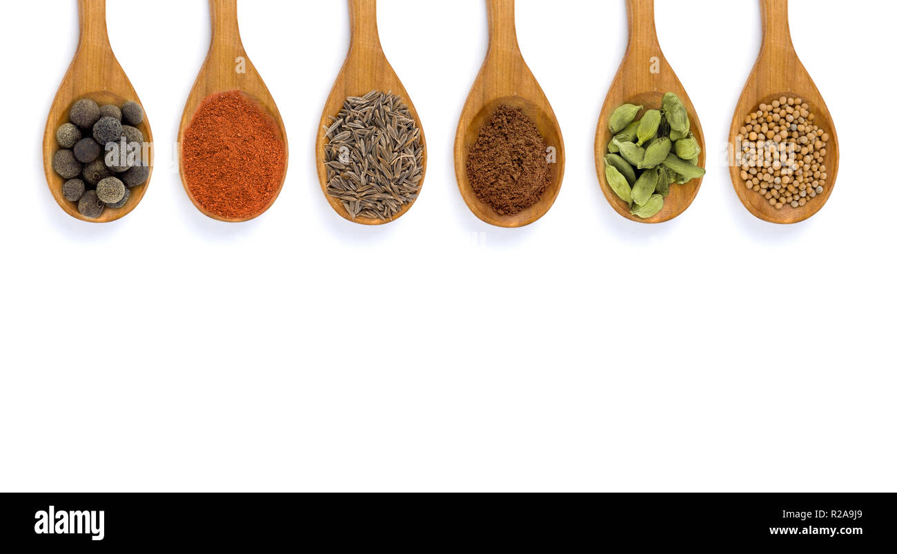 top view set of spices flat lay frame isolated on white Stock Photo - Alamy