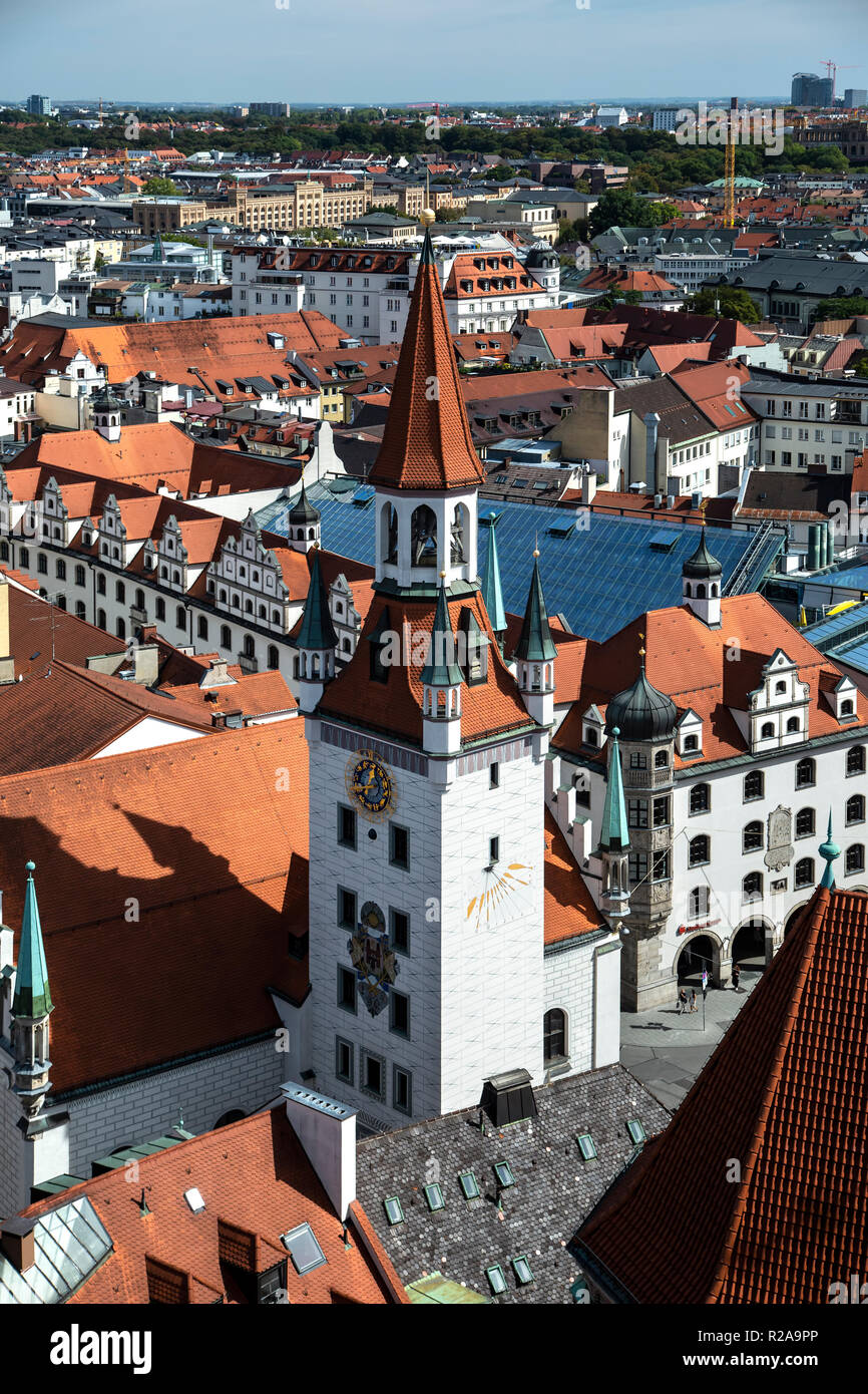 Old Town Hall (featuring clock tower, center) and rooftops, Marienplatz ...