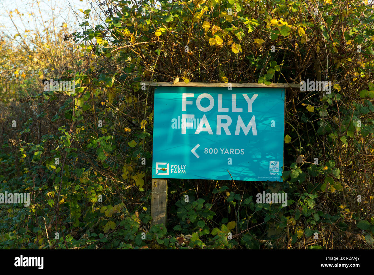 Folly Farm centre near Bristol, sign pointing the way to the entrance ...