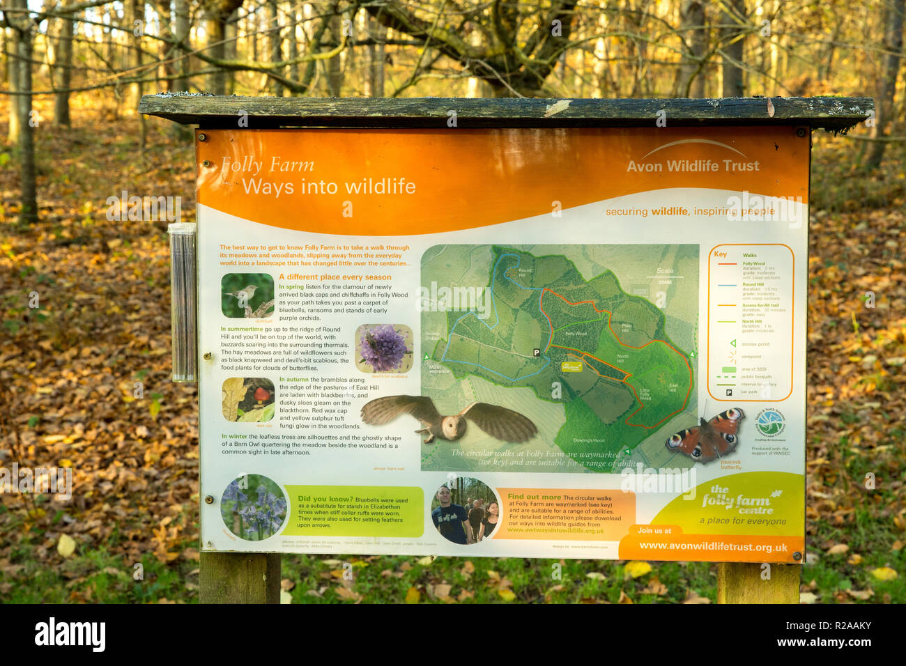Folly Farm Centre near Bristol, Avon Wildlife Trust information sign ...