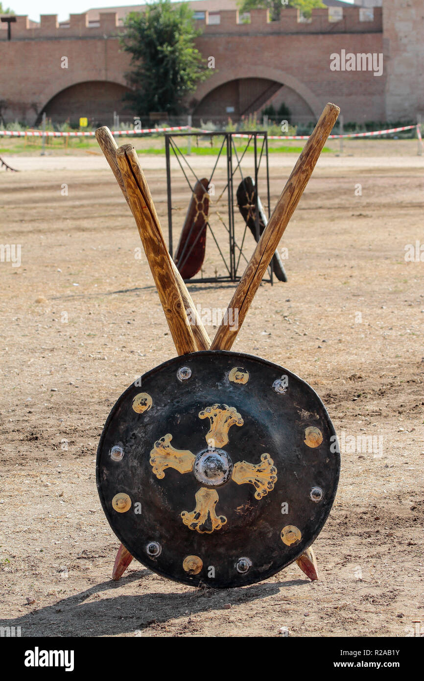 foreground of a medieval shield in the recreation of a medieval ...
