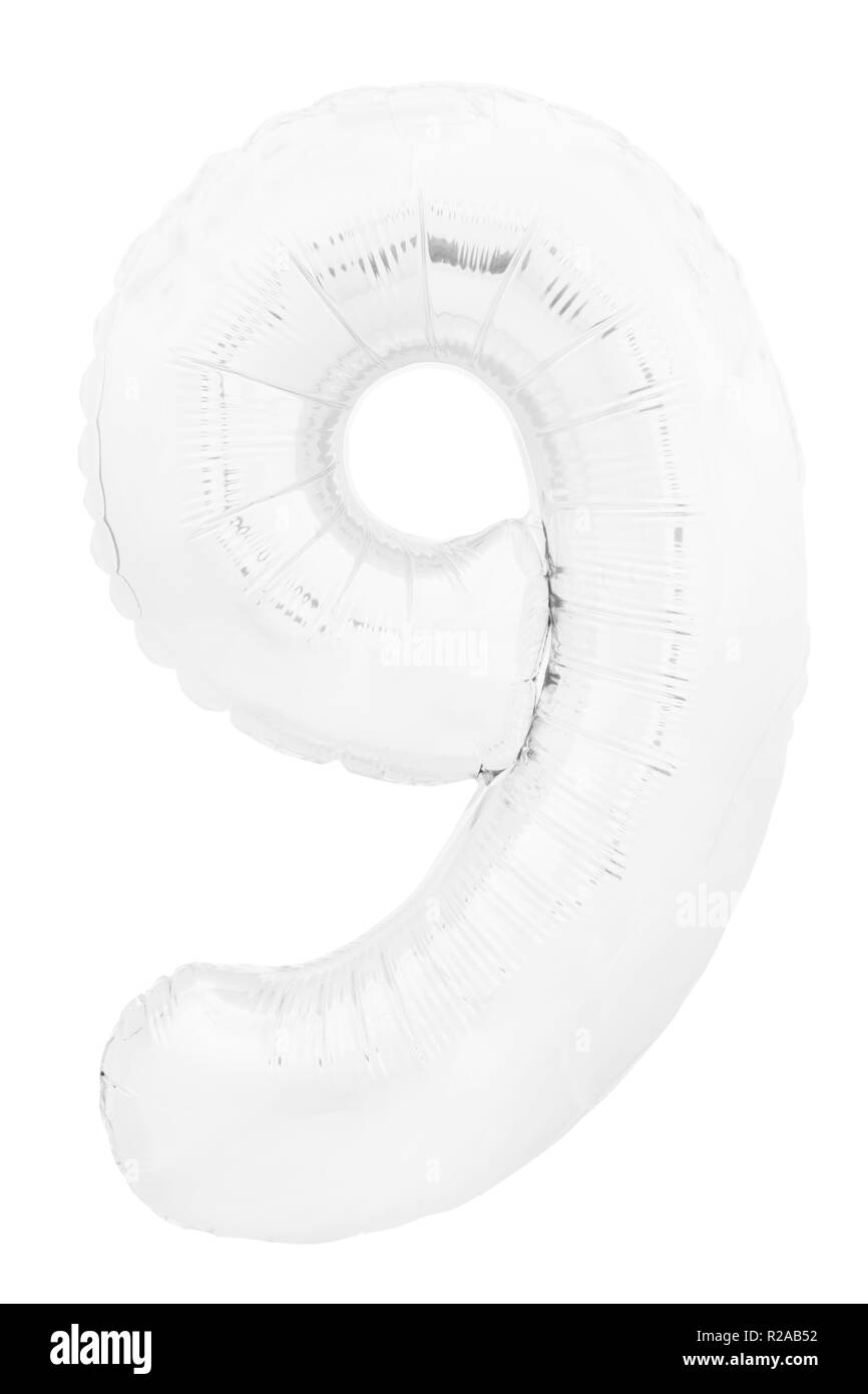 White number nine 9 made of helium balloon isolated on white background ...