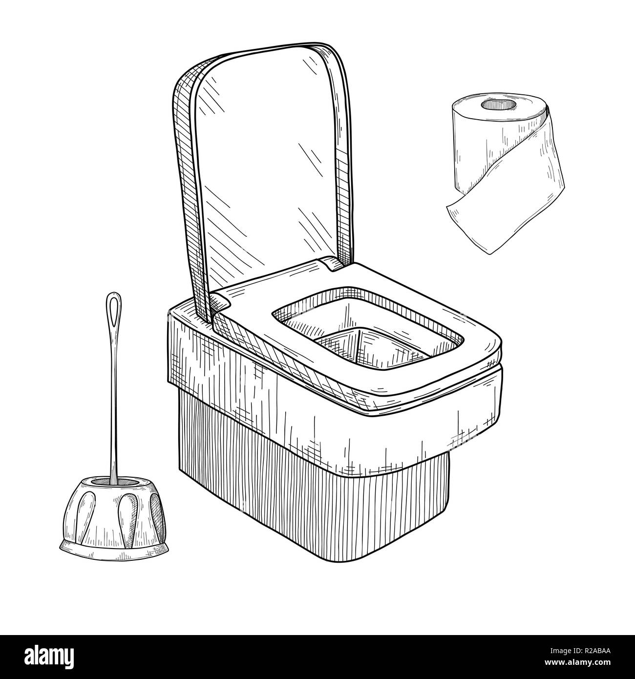 Sketch of toilet bowl and other toiletries isolated on white background ...