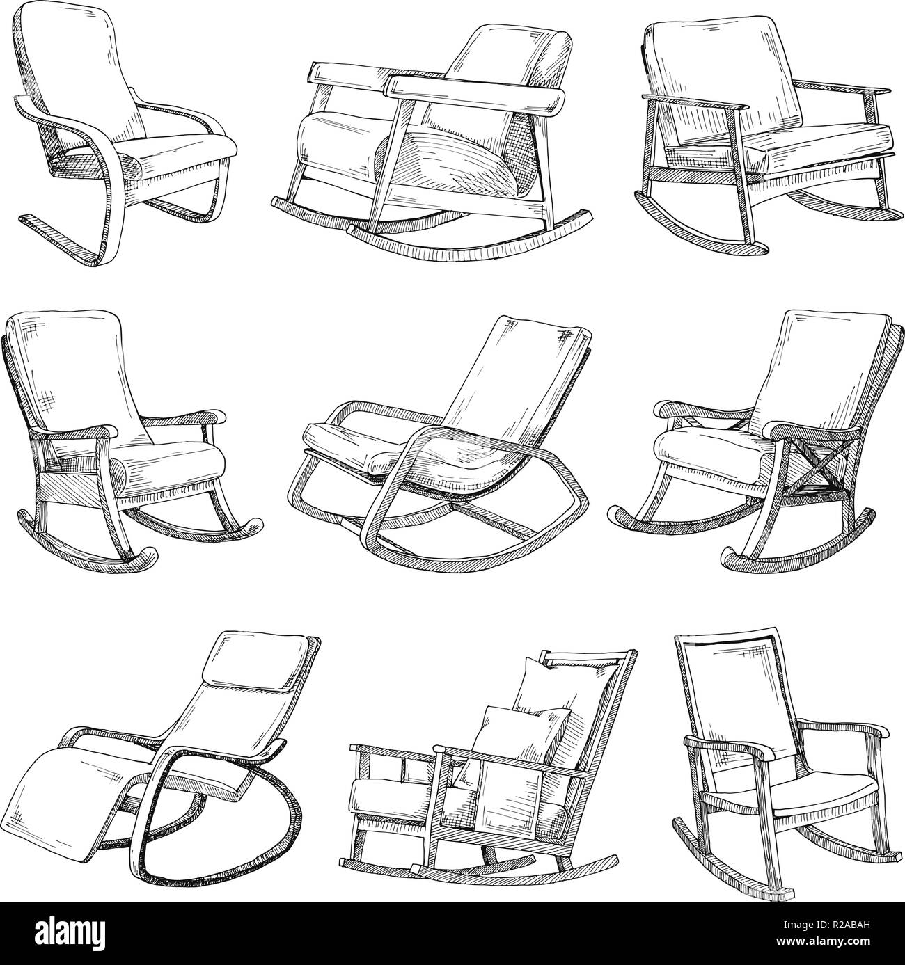Set with rocking chairs isolated on white background. Sketch a ...