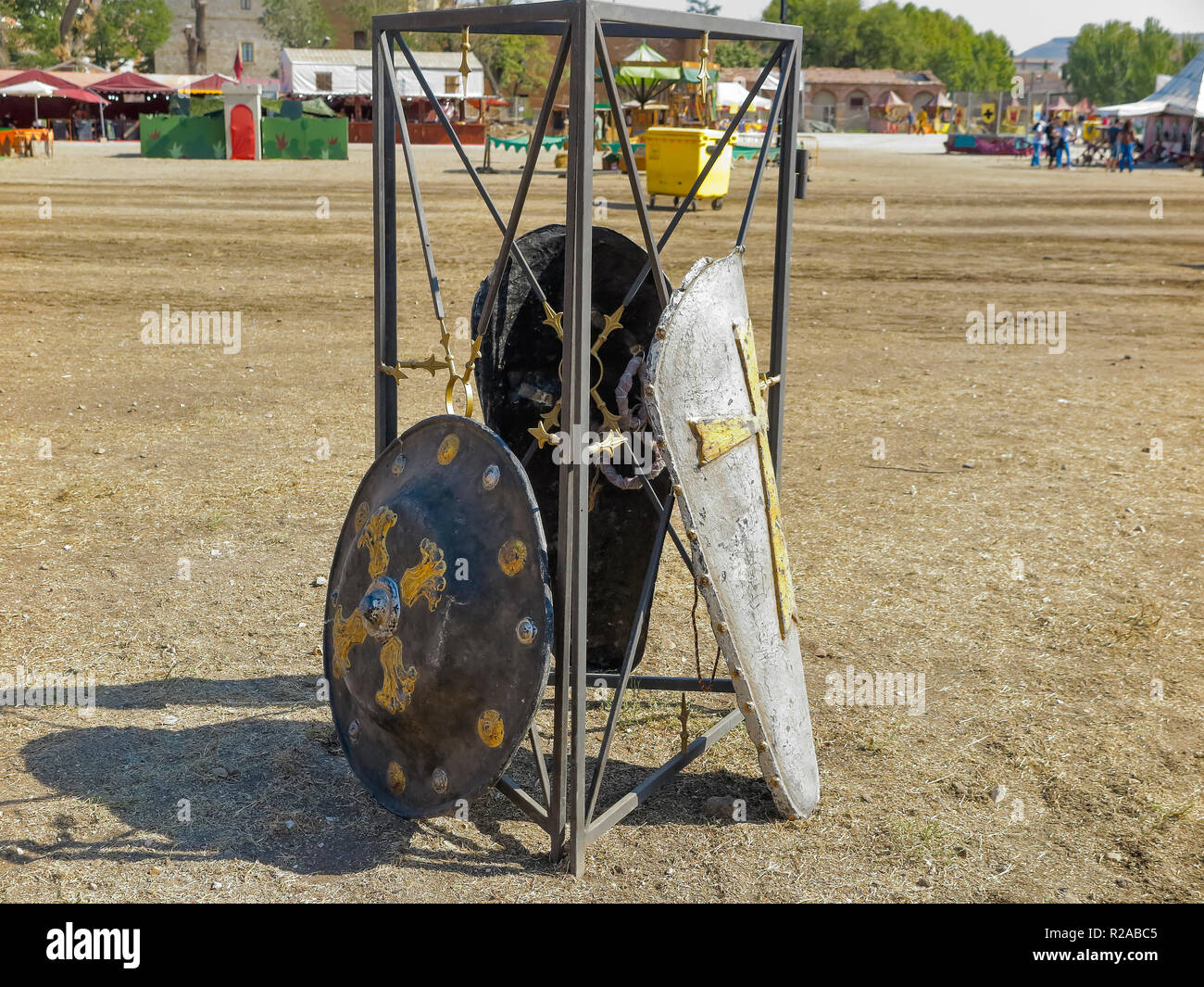 foreground of three medieval shields in the recreation of a medieval ...