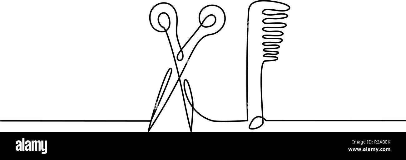 Scissors and comb business icon. Continuous one line drawing. Vector ...