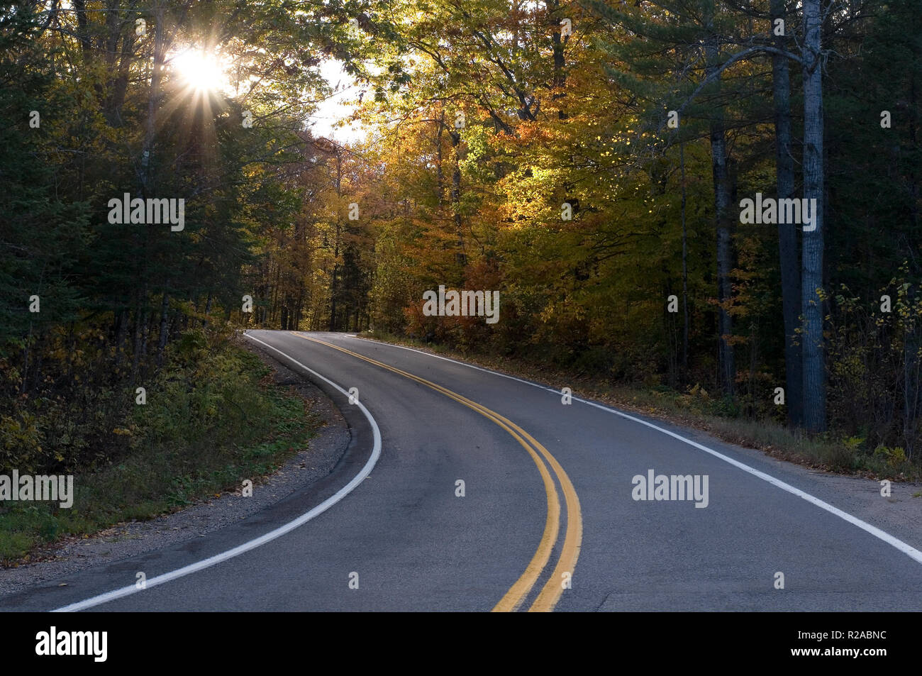 Country Road with Double Yellow Lanes in the Fall with Sun Rays Stock ...