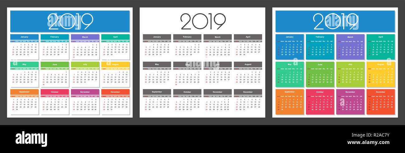 Calendar 2019 year. Colorful set. Simple Vector Template Stock Vector ...