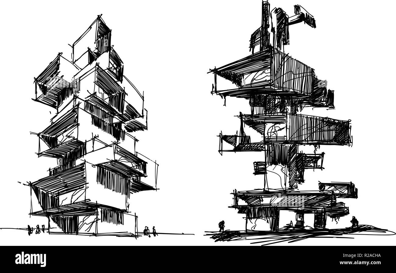 two hand drawn architectural sketches of a tall modern abstract ...