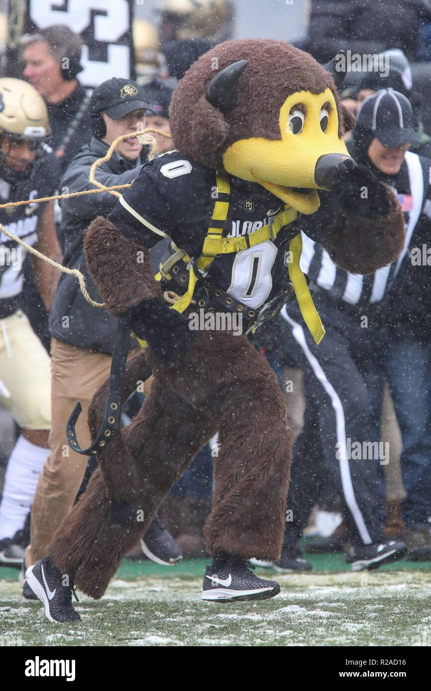 Folsom Field. 17th Nov, 2018. Colorado mascot Chip the Buffalo takes ...