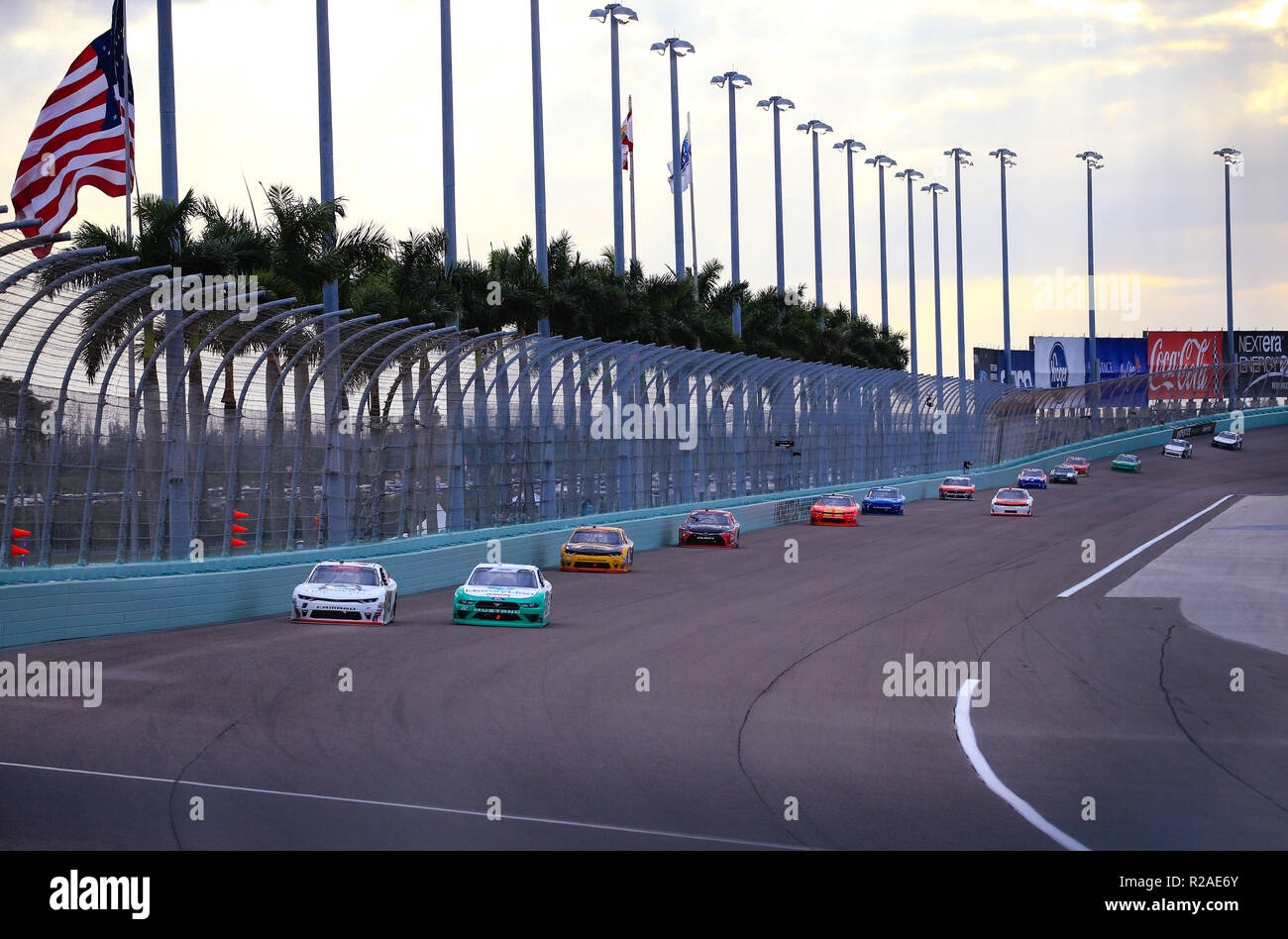 Homestead, Fla, USA. 17th Nov, 2018. Cars race on a stretch during the ...