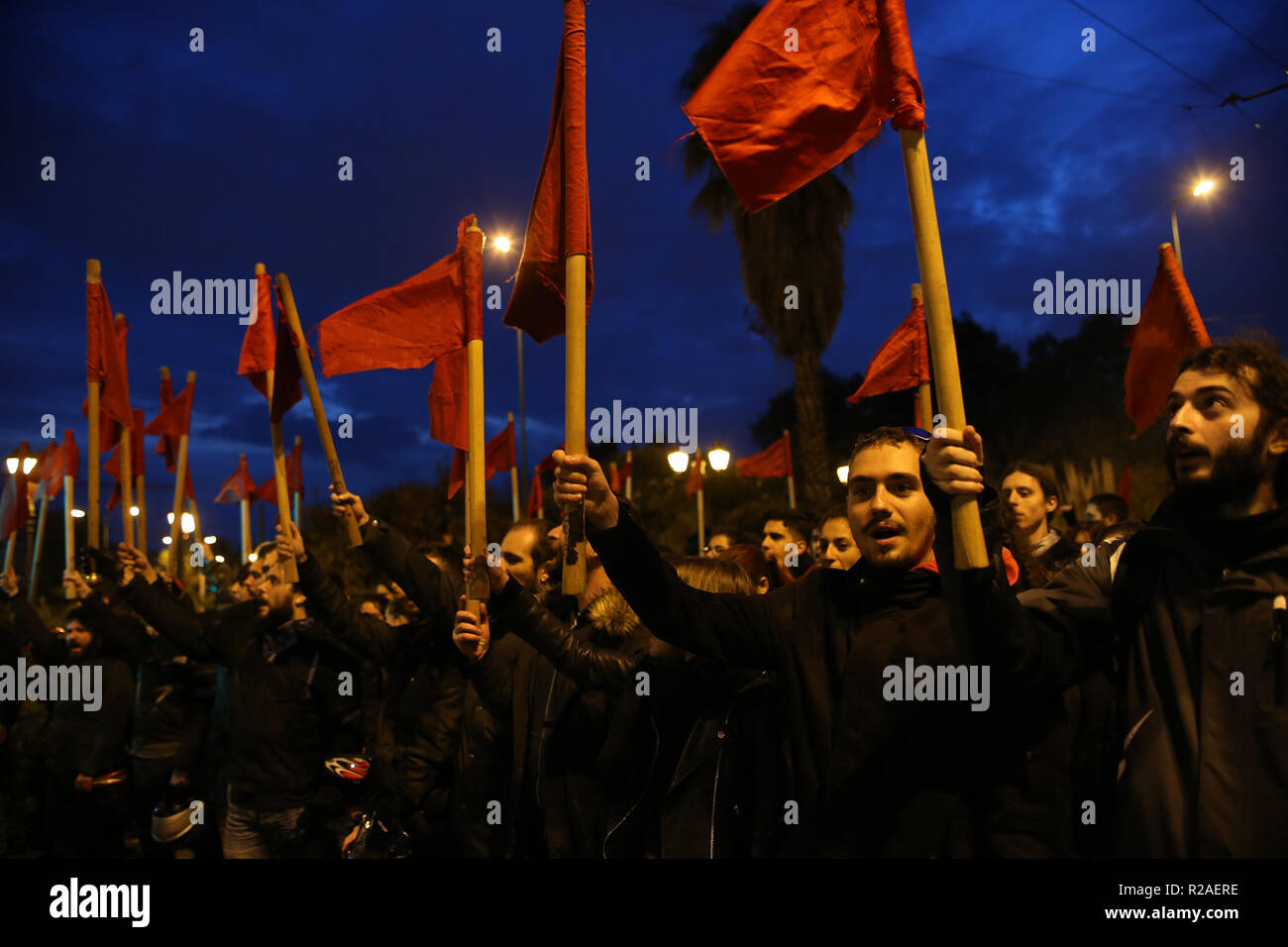 Athens, Greece. 17th Nov, 2018. Protestors demonstrate and shout ...