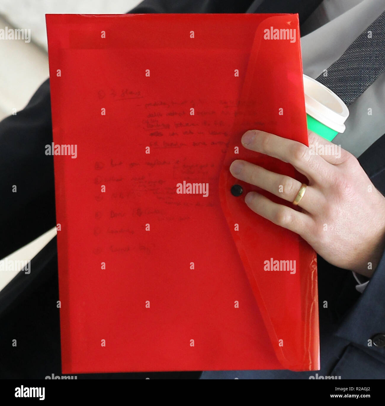 London, UK, Nov 18th 2018. Close up of notes that Dominic Raab was ...