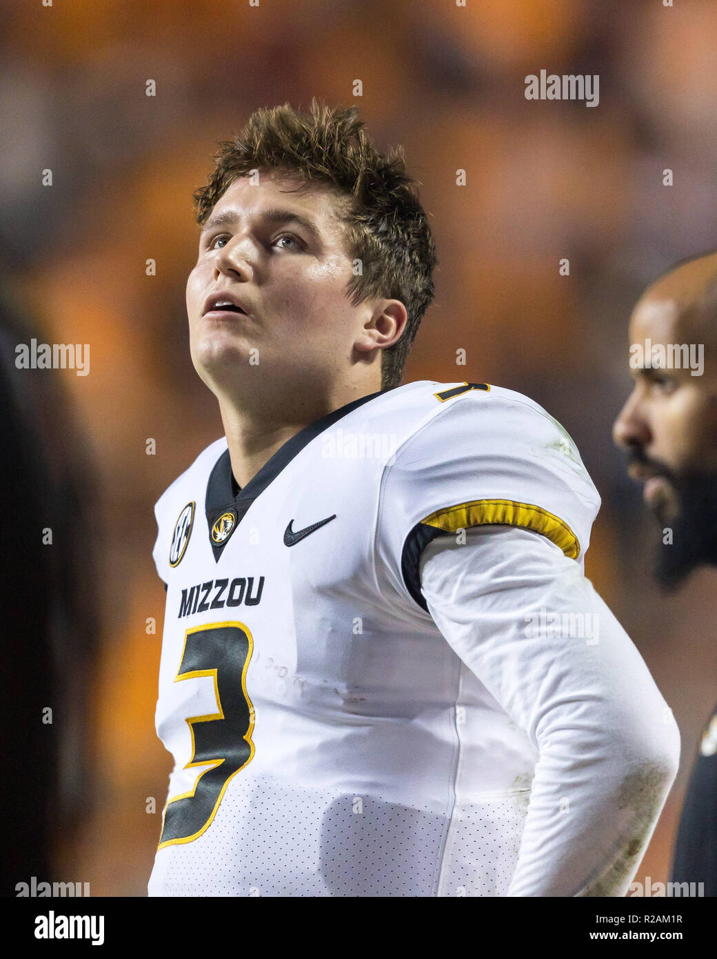 November 17, 2018: Drew Lock #3 of the Missouri Tigers looks at the ...